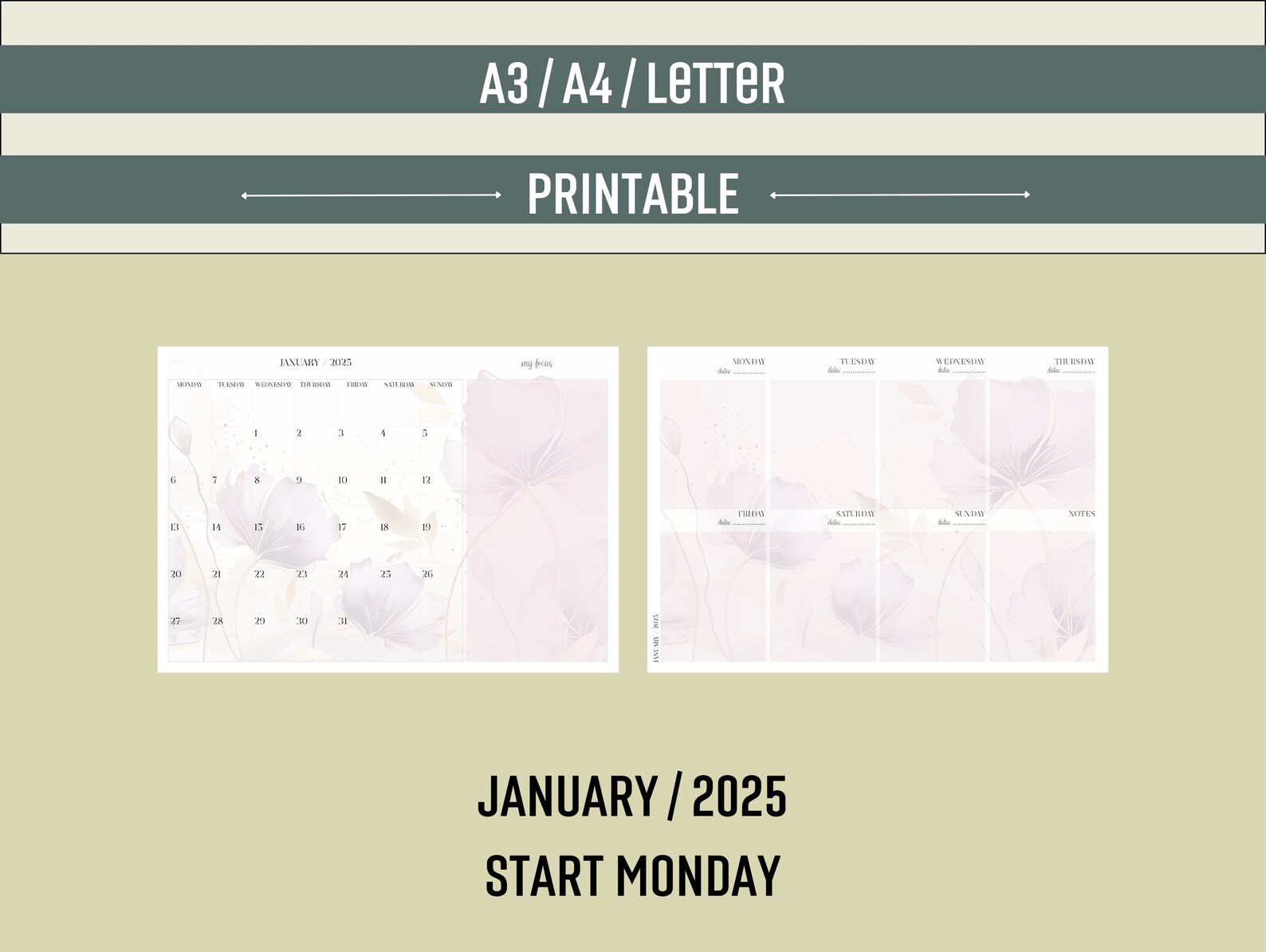 January, Landscape Desktop Calendar, 2025, Printable, A3, A4, Letter ...