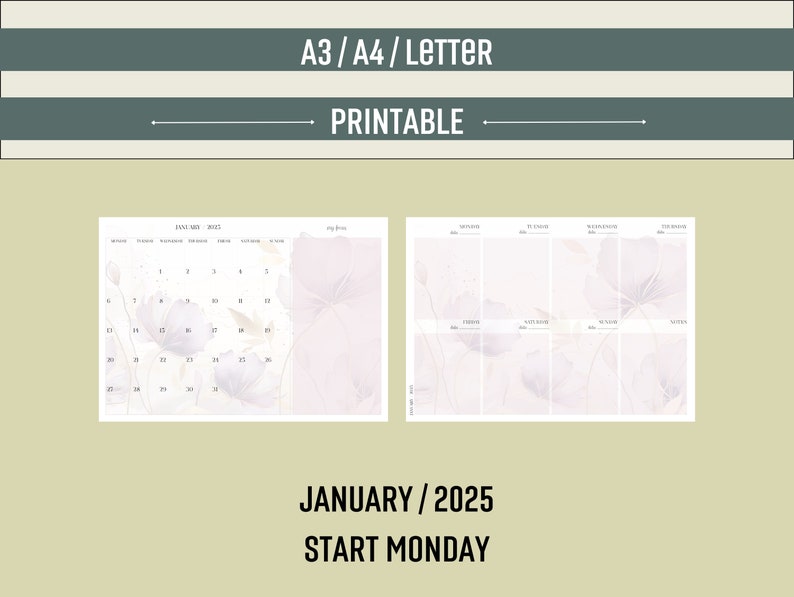January, Landscape Desktop Calendar, 2025, Printable, A3, A4, Letter ...