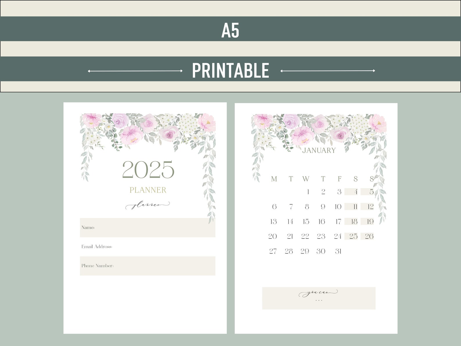 Planner 2025, A5 Printable, Sunday or Monday Start - Etsy