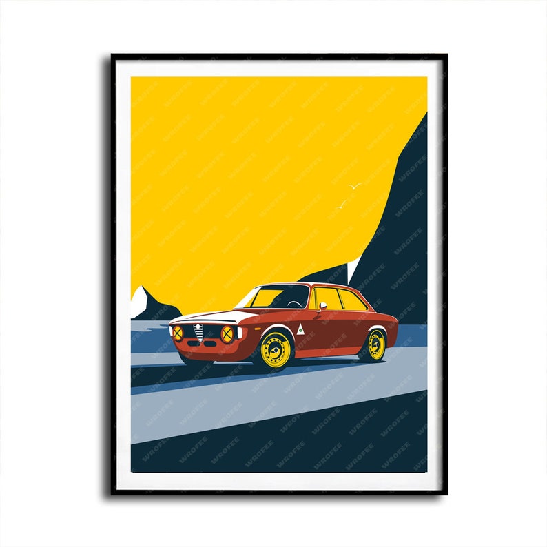 Alfa Romeo Giulia GTA Vintage Car Poster, Retro Racing Wall Art Decor Print, Handmade Automotive ...