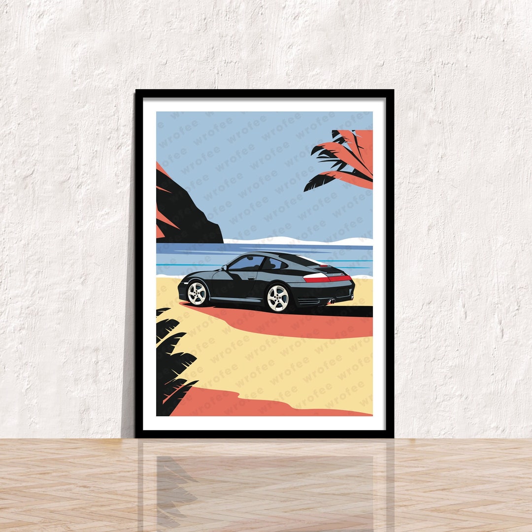 Porsche 996 Carrera 4S Inspired Vintage Car Poster, Miami & Surf Wall ...