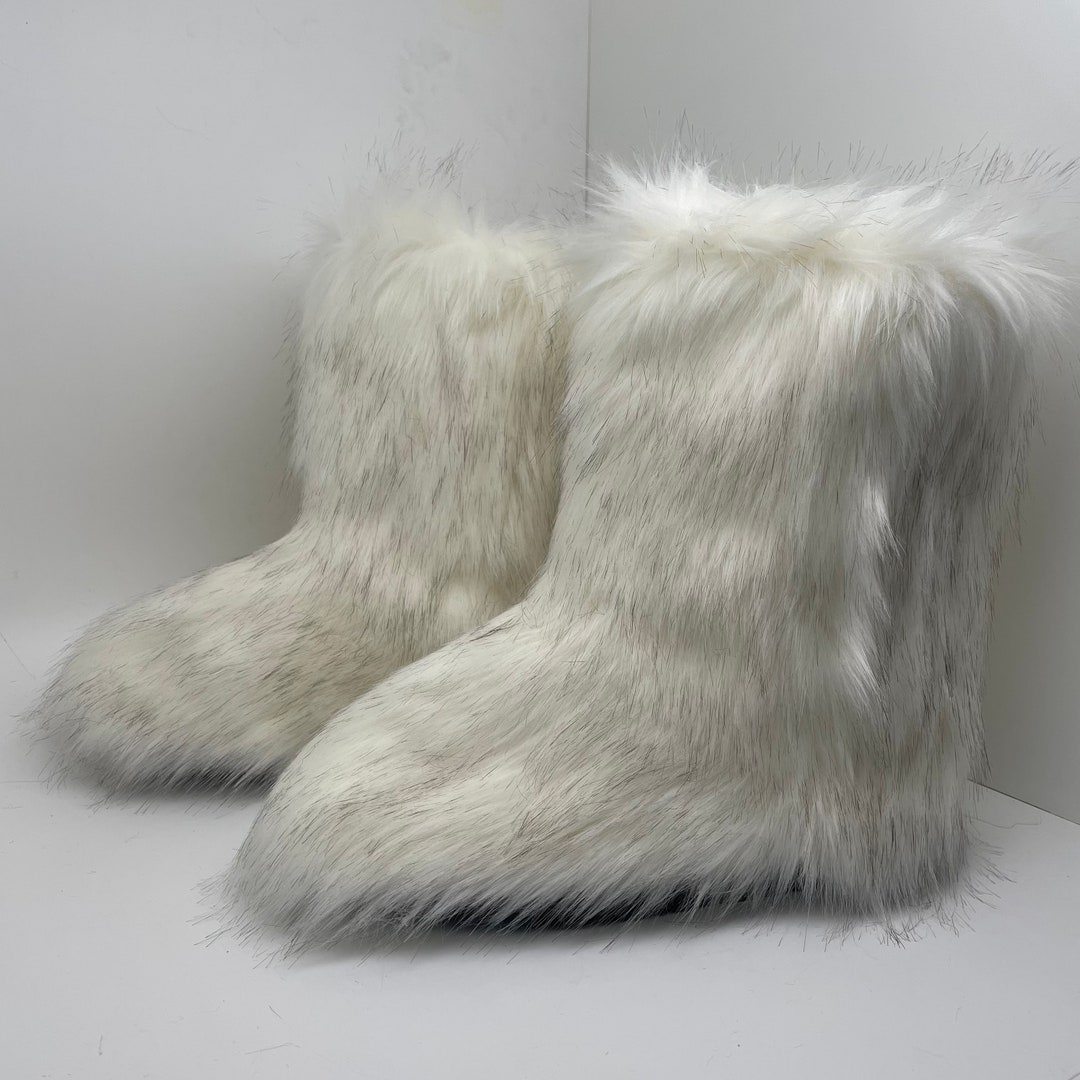 White and Black Furry Boots Faux Fur Winter Boots Fluffy - Etsy