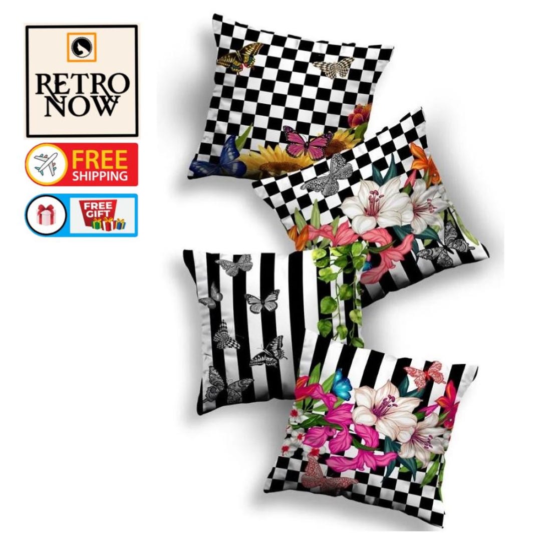 Black and White Checkered Floral Pattern Pillow Covers,floral Art,throw ...