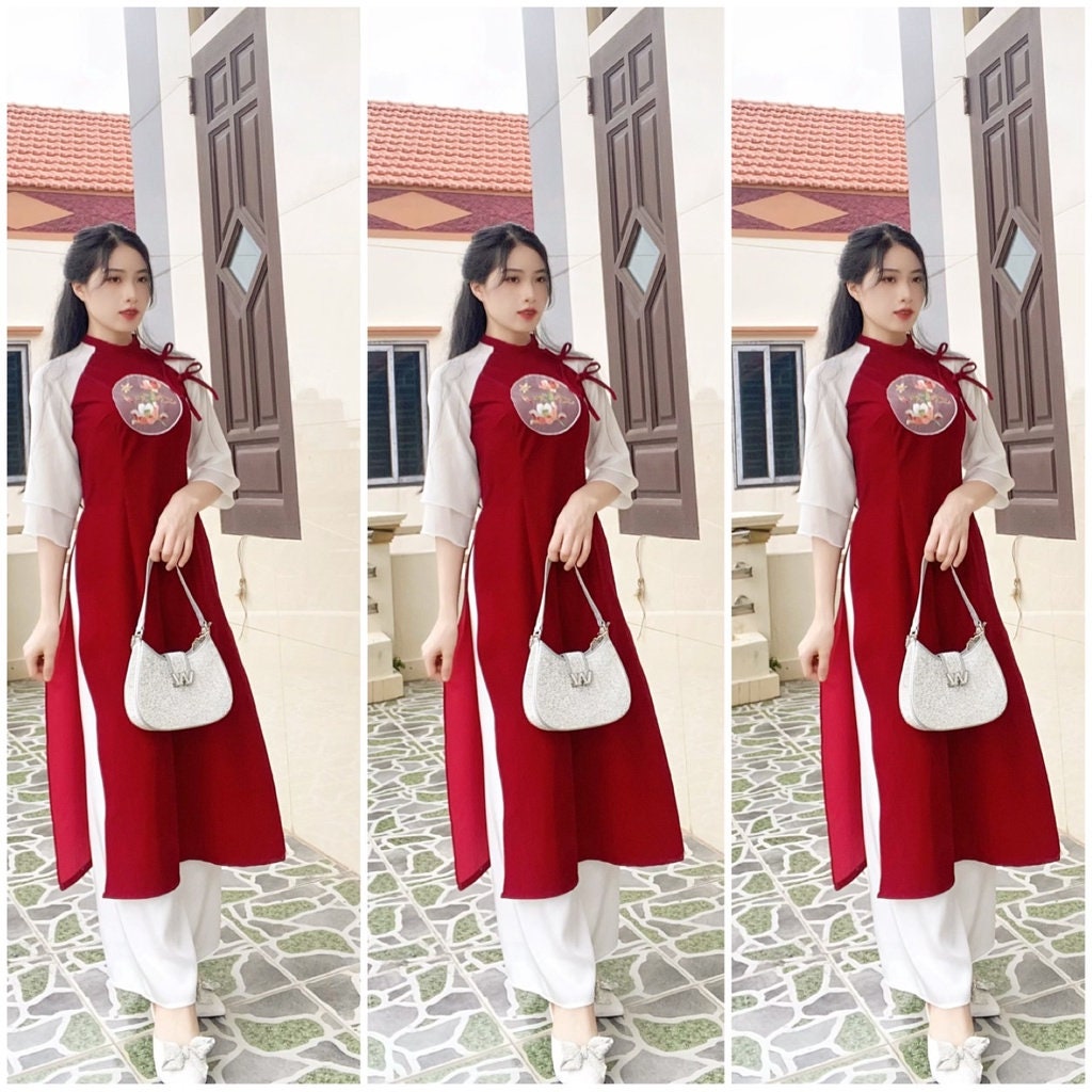 Embroidered Red Velvet Ao Dai Red Dress Pre-make Vietnamese - Etsy