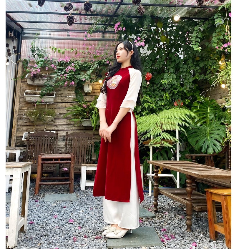 Embroidered Red Velvet Ao Dai Red Dress Pre-make Vietnamese - Etsy