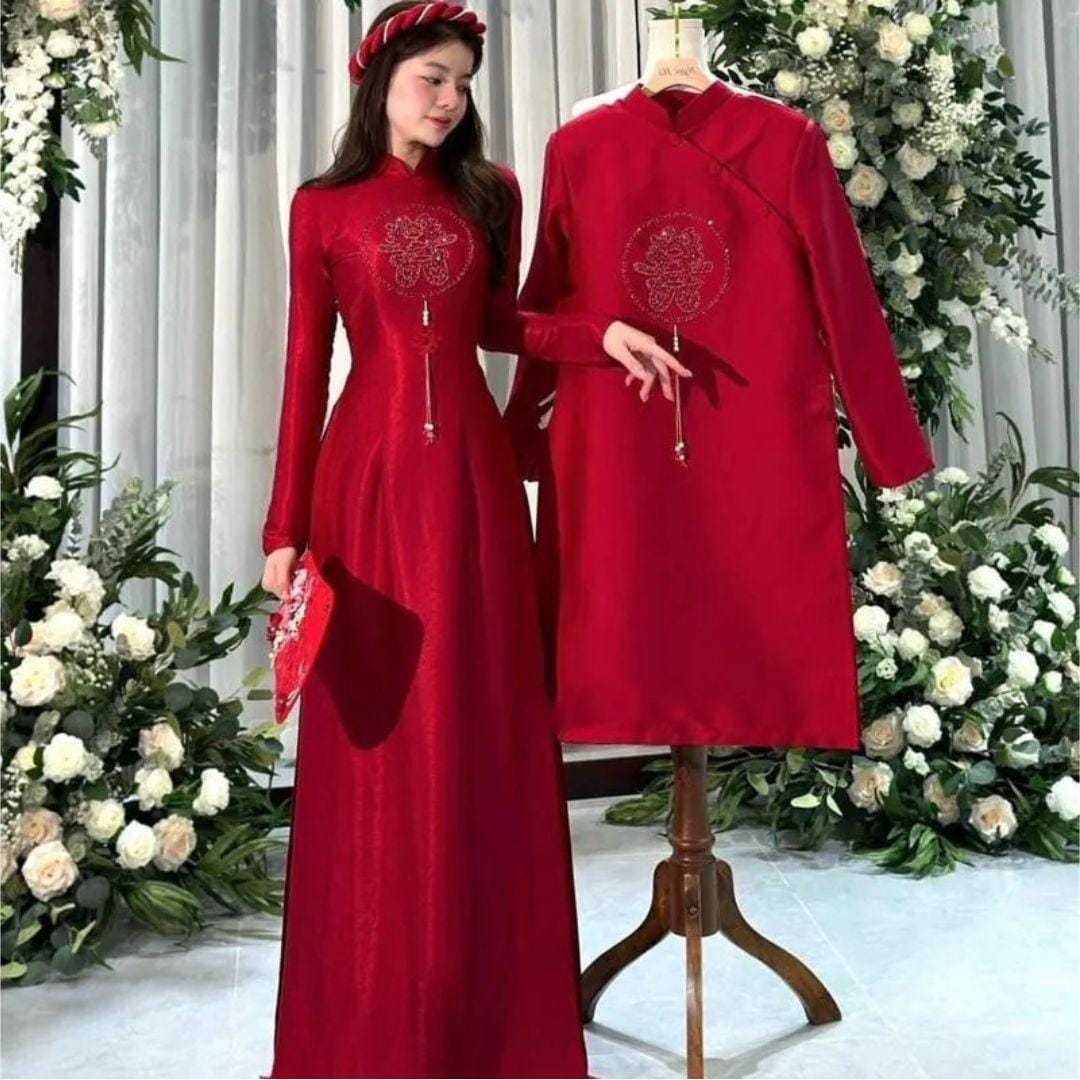 Wedding Ao Dai, Red Bridal Ao Dai With Beads and Letters. Hot Bride and ...