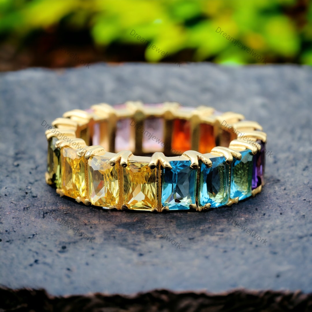 Baguette Cut Multi Gemstone Band 18K Solid Gold Band Full Eternity ...