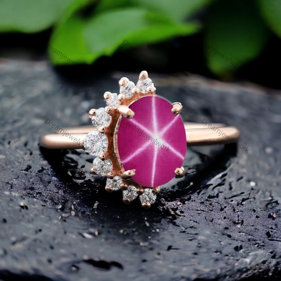 Vintage Star Ruby Ring Antique Half Halo Diamond Stacking Ring Art Deco ...