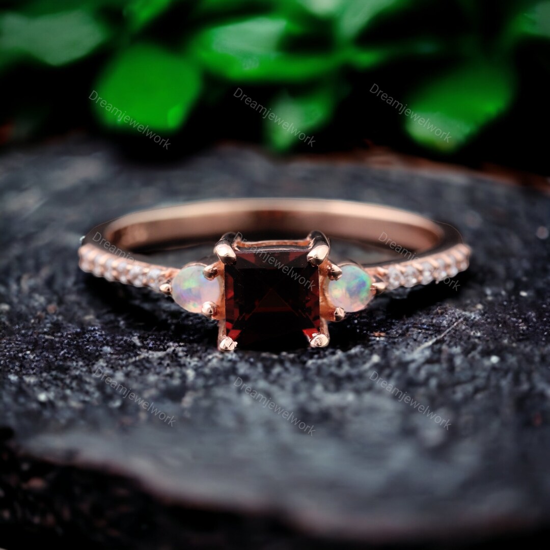 Princess Cut Garnet Stacking Ring 10K Rose Gold Fire Opal - Etsy