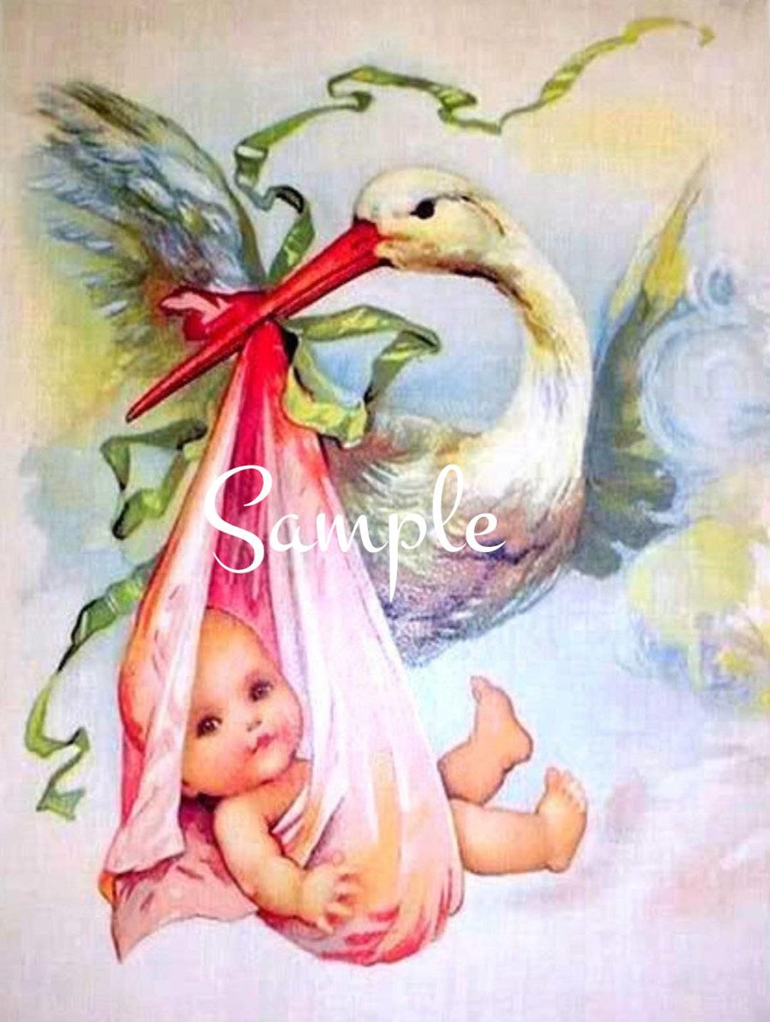 Fabric Art Quilt Block/panel - Vintage Stork Pink Blanket Delivery ...