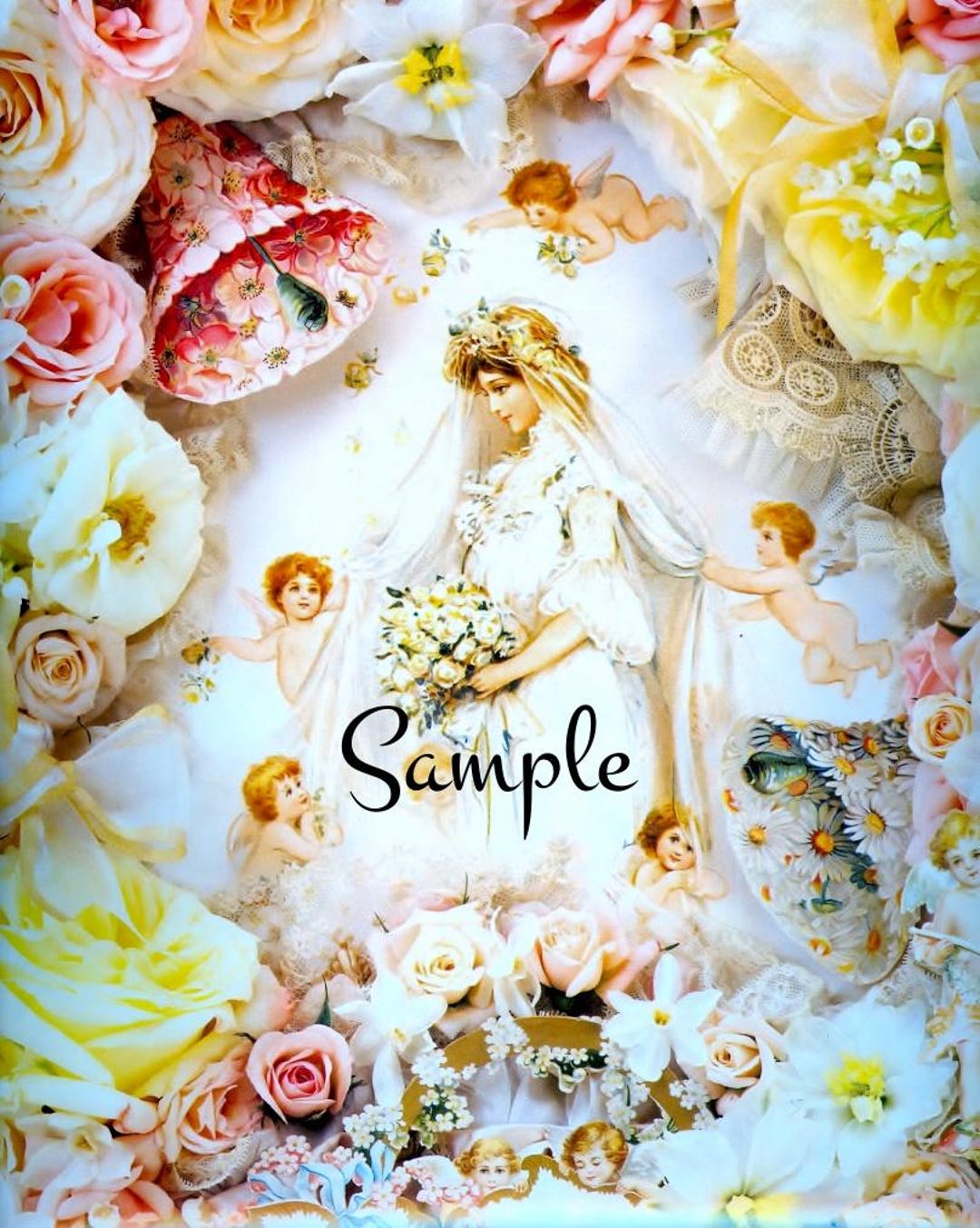 Fabric Art Quilt Block - Beautiful Victorian Bride & Roses Collage ...