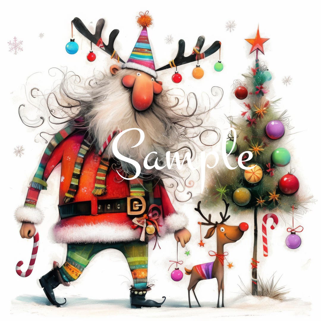 Whimsical Santa Fabric Art Quilt Block: Christmas Reindeer Tree (8x8 ...