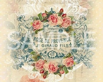 Vintage Look Pink Rose French Postmark Graphic Image Art Fabric Block ...