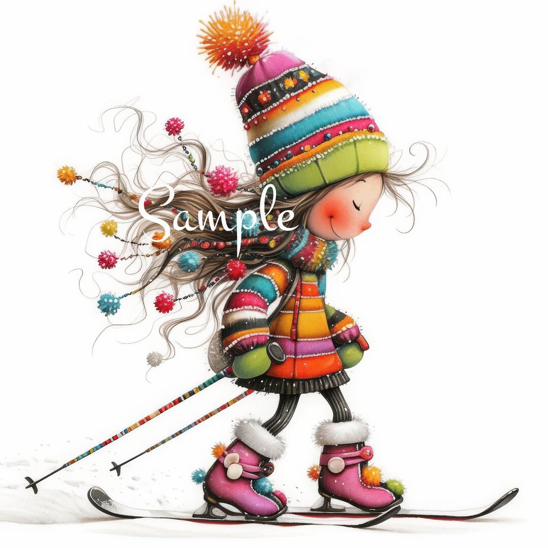 Fabric Art Quilt Block/panel - Skiing Winter Girl - Quirky - Whimsical ...