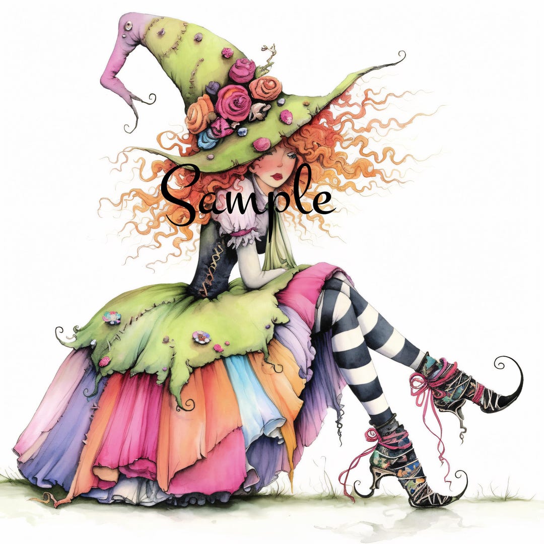 Quirky Witch Fabric Art Quilt Block: Halloween Fantasy Panel (8x8, 100% ...