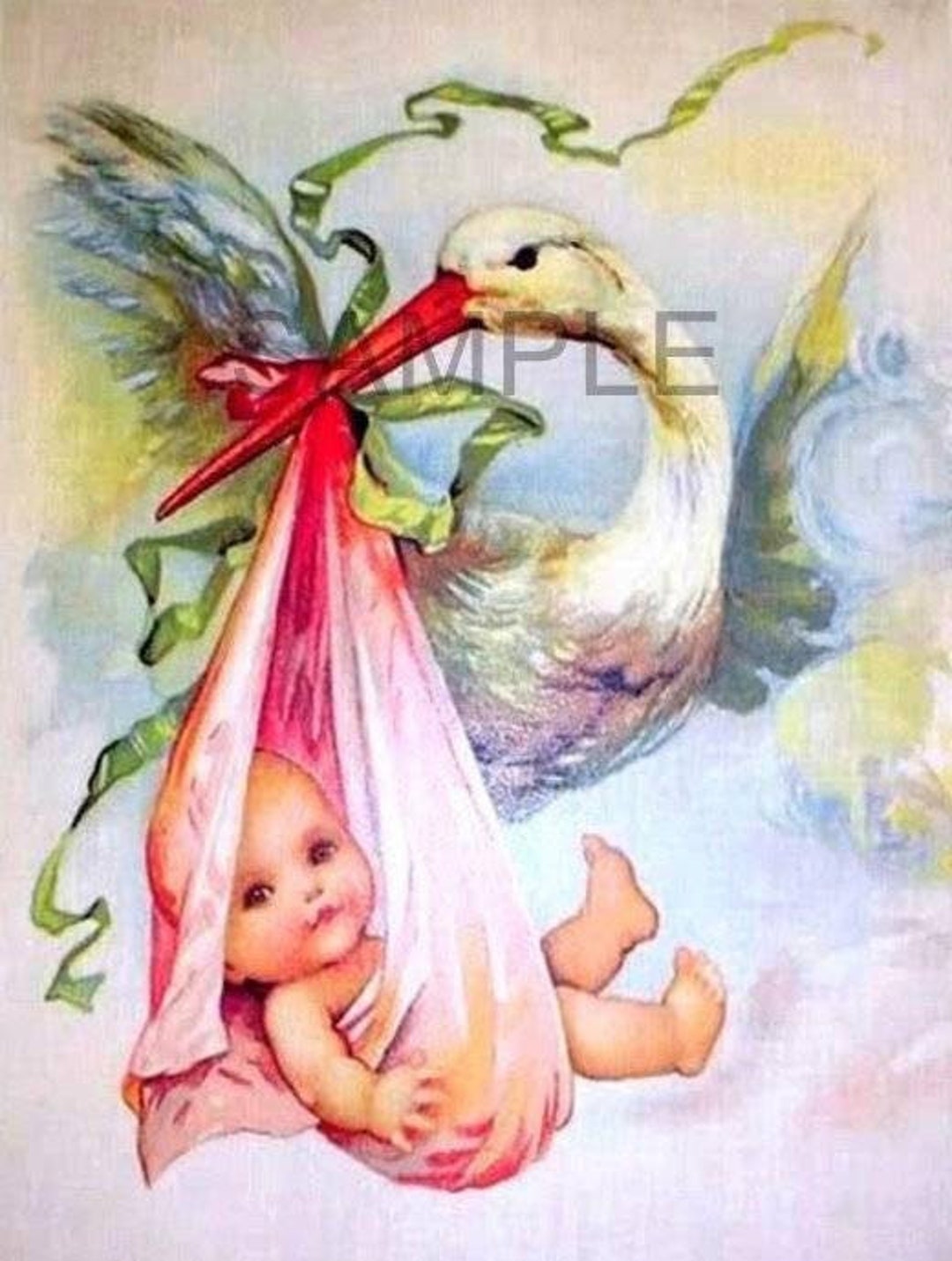 Fabric Art Quilt Block Vintage Stork Pink Blanket Delivery Baby Cotton ...