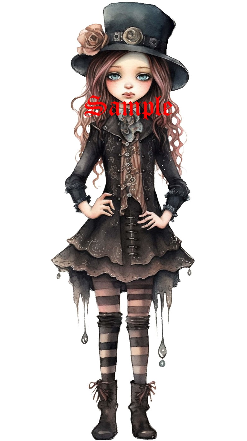 Fabric Art Quilt Block 10 Goth Steampunk Girls 1 Watercolor 100% Cotton ...