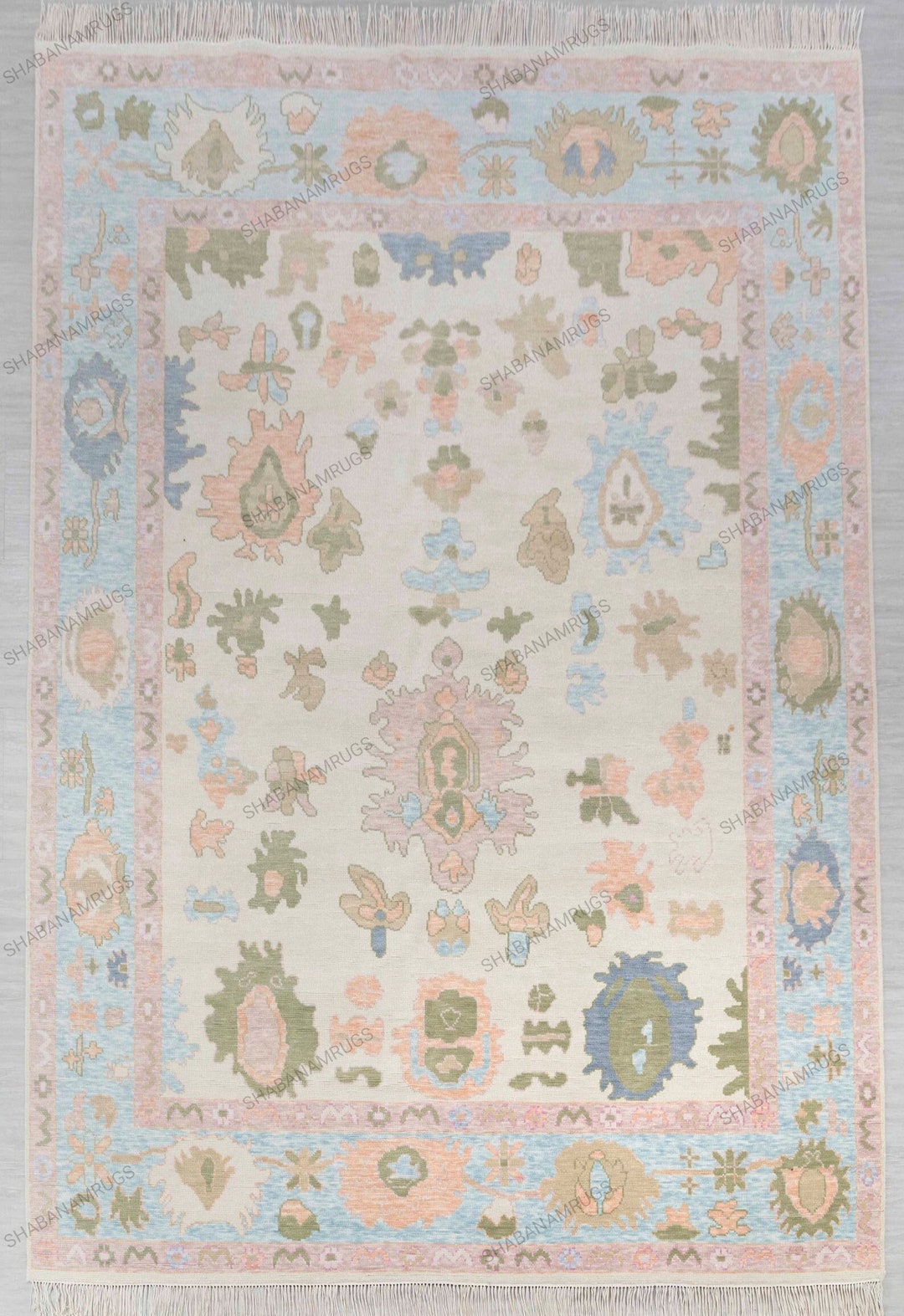 Pastel Oushak Rug Light Blue Vintage Look Turkish Inspired Floral Large ...