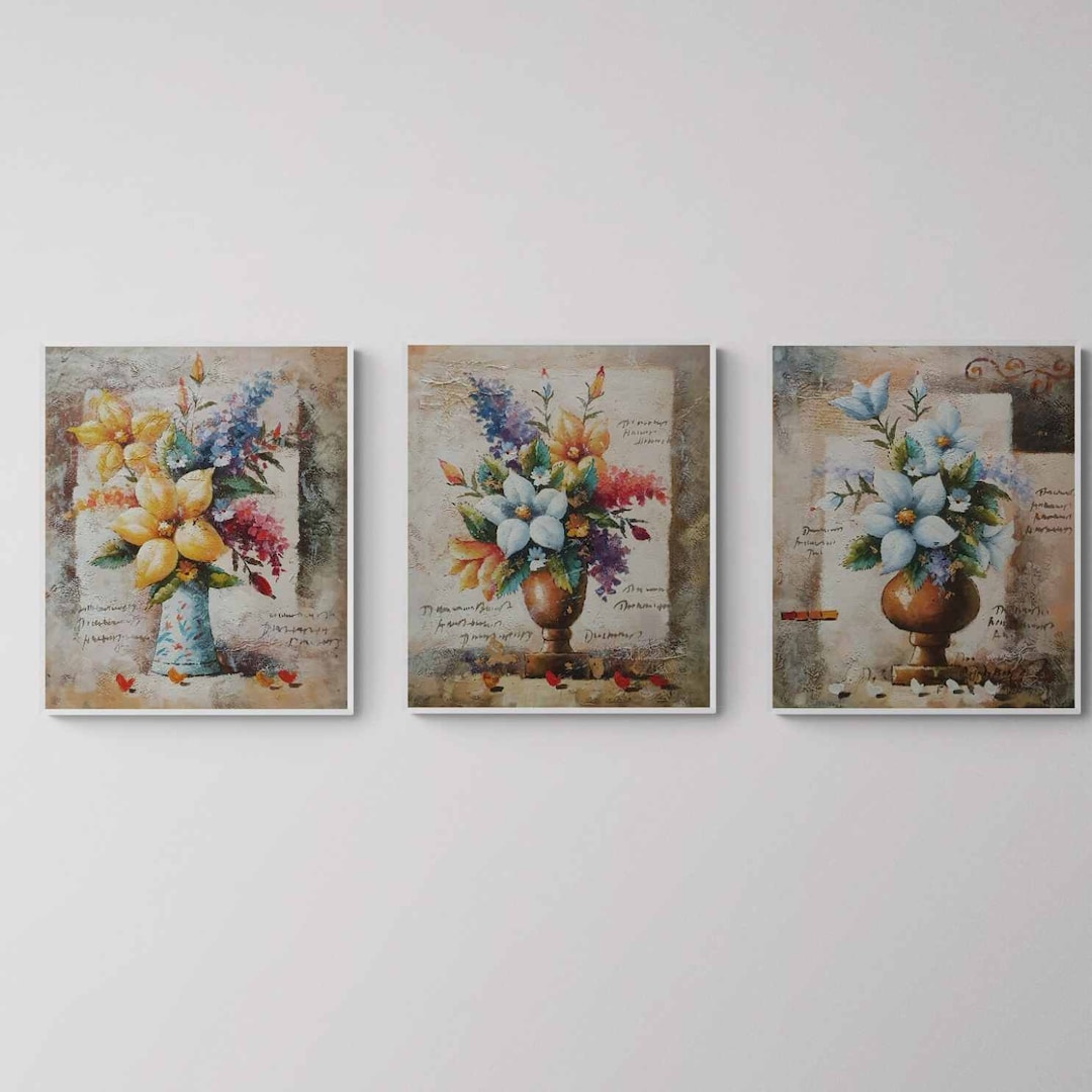 Triptych of Oil Flowers, Hand Painted on Canvas. 3 Pieces of 60x50 Cm ...