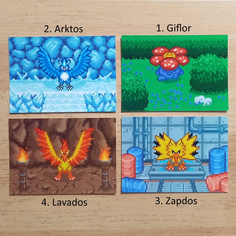 Pokemon Pixel Art Retro Fan Art Postcard, Articuno, Zapdos, Moltres ...