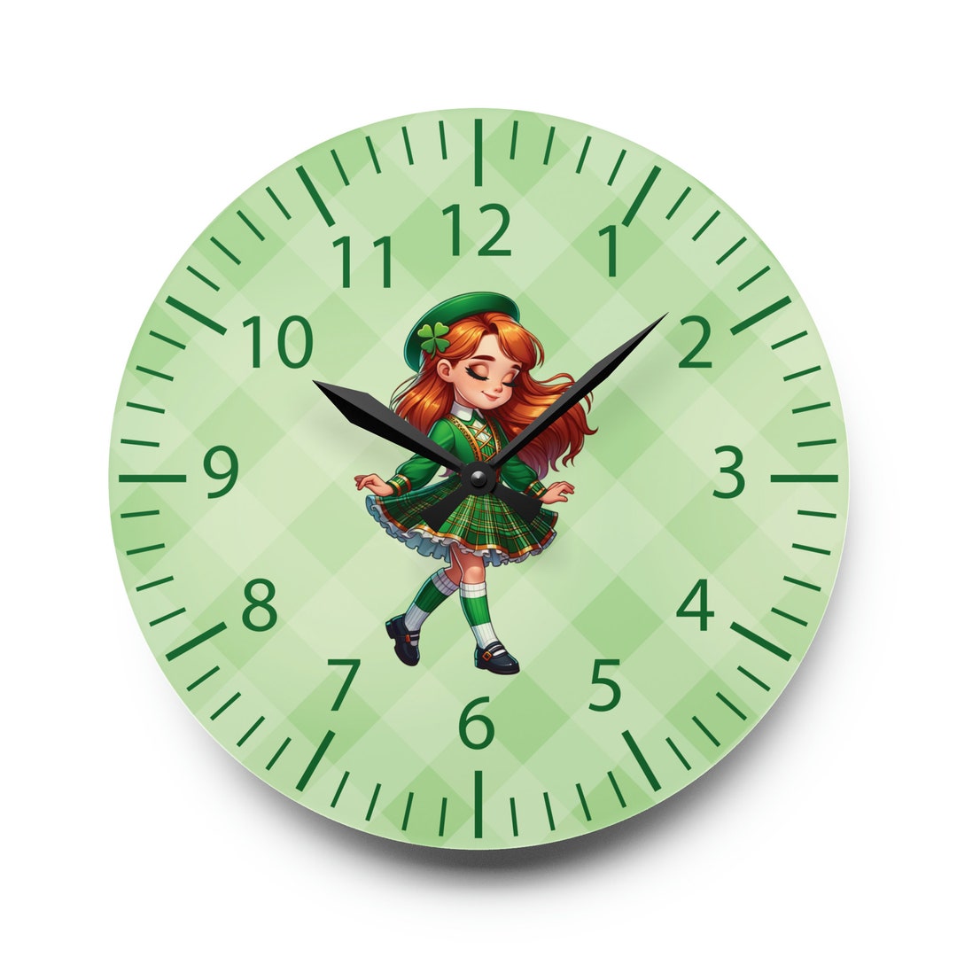 Irish Lass Green Wall Clock | Stepping Out Irish Girl on Green Gingham ...