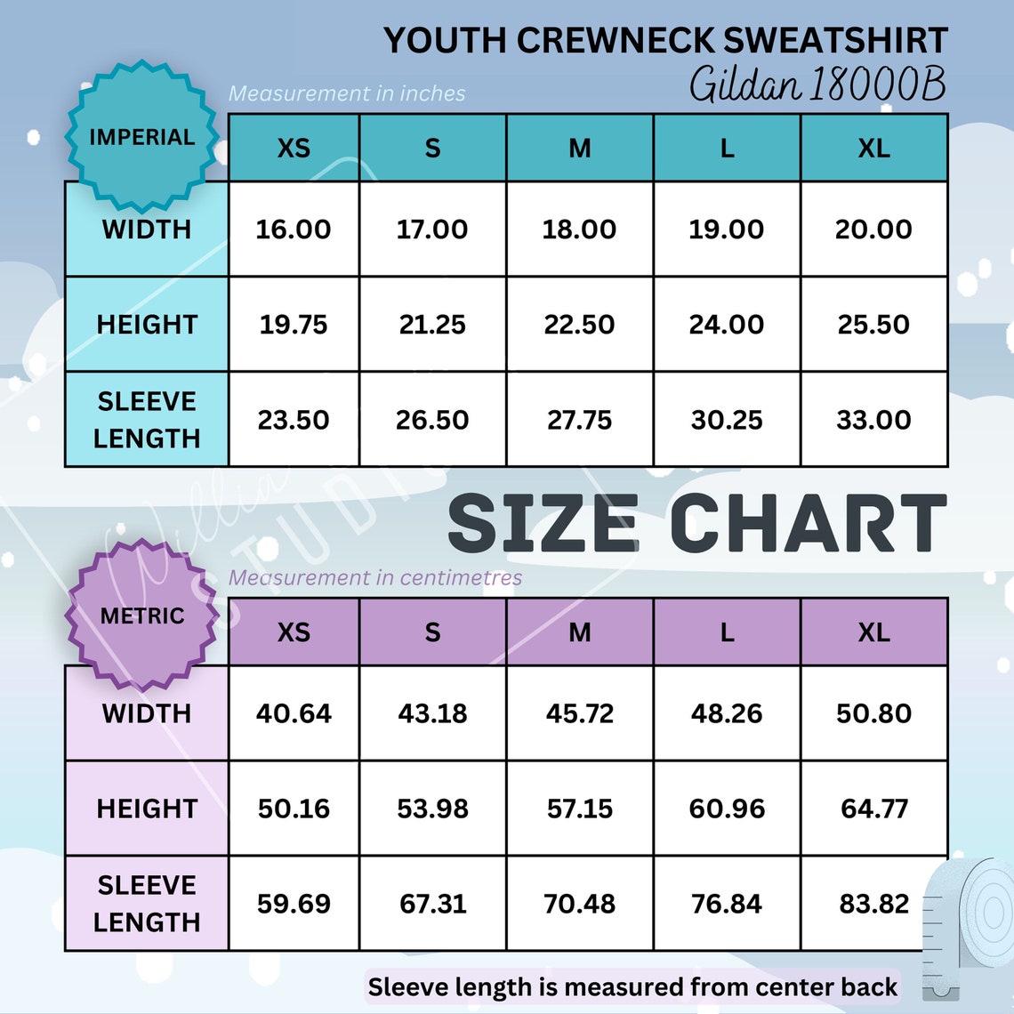 Size Chart Gildan 18000B Mock up Sweatshirt | Sizing for Gildan 18000B ...