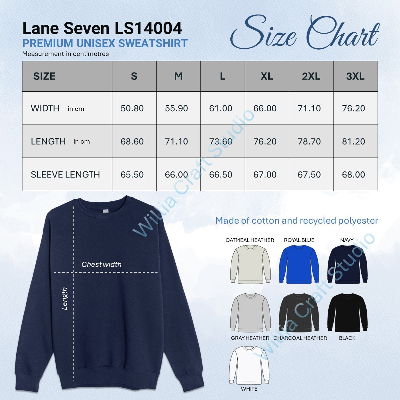 Size Chart Lane Seven LS14004 | Sizing for Lane Seven Premium Unisex Sweatshirt | Square Format ...