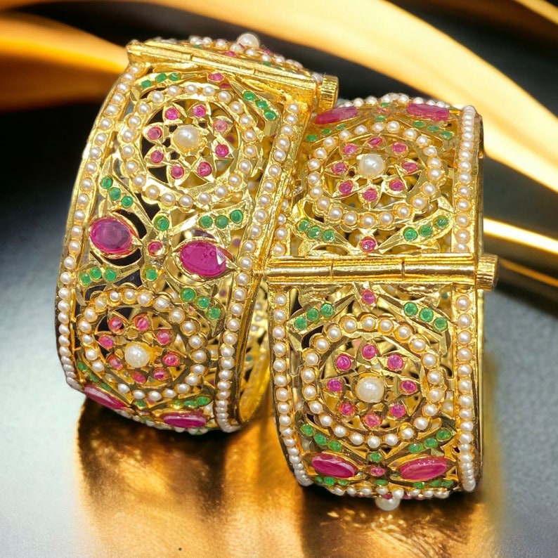 Indian Punjabi Gold Platedand Pearls Jadau Bangles / Indian Wedding Bangles / Bangles for ...