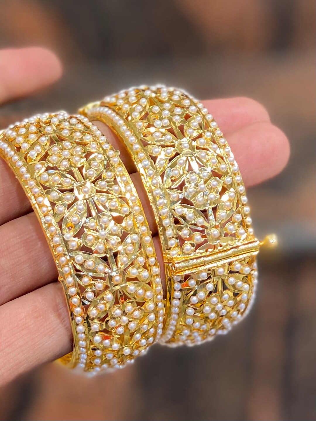 Indian Punjabi Gold Platedand Pearls Jadau Bangles / Indian Wedding Bangles / Bangles for ...