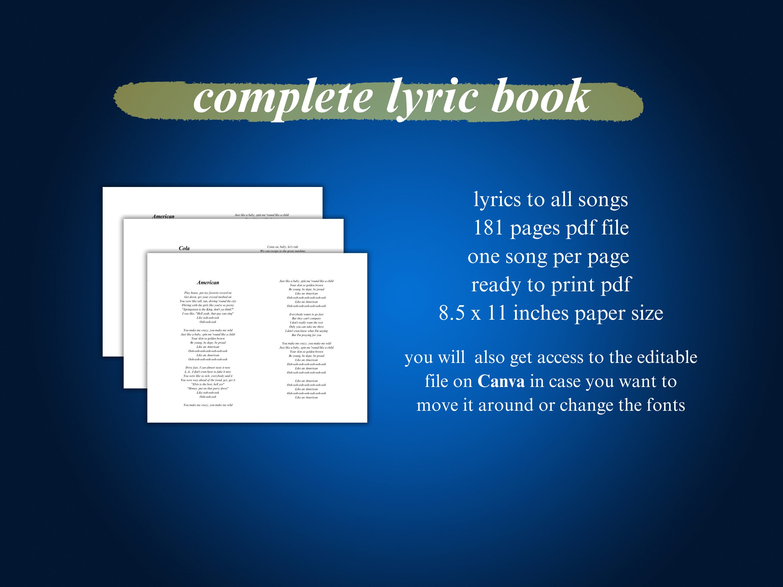 Lana Del Rey Lyric Book Song Lyrics for All Songs 181 Pages PDF Instant ...