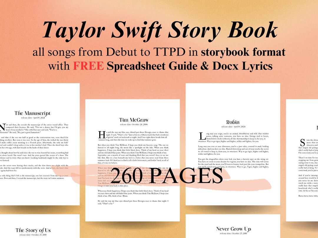 Taylor Swift Story Book Chapter Lyrics Wall Art for All Songs 260 Pages ...