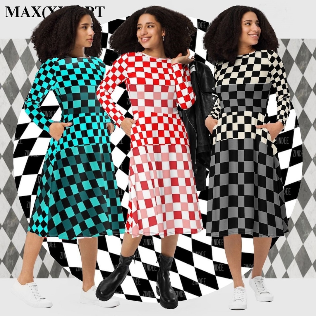 Fashion Forward Checkerboard Print Long Sleeve Midi Dress Contemporary ...