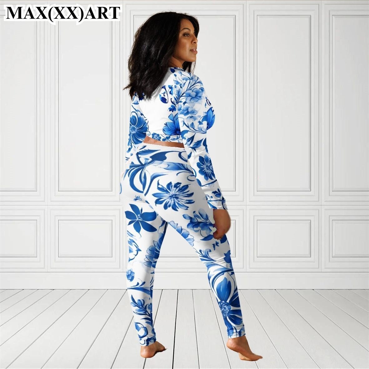 Women Set, Dutch Delft's Blue Style Neo Traditional Crop Top & High ...