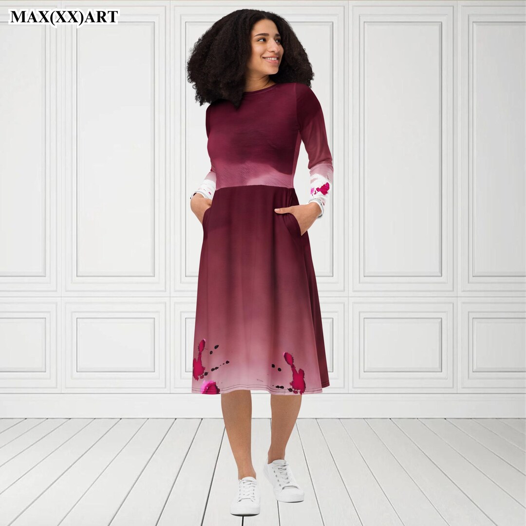 Iconic Red Wine Stain Dress Inspired, Long Sleeve Midi Dress, 3 ...