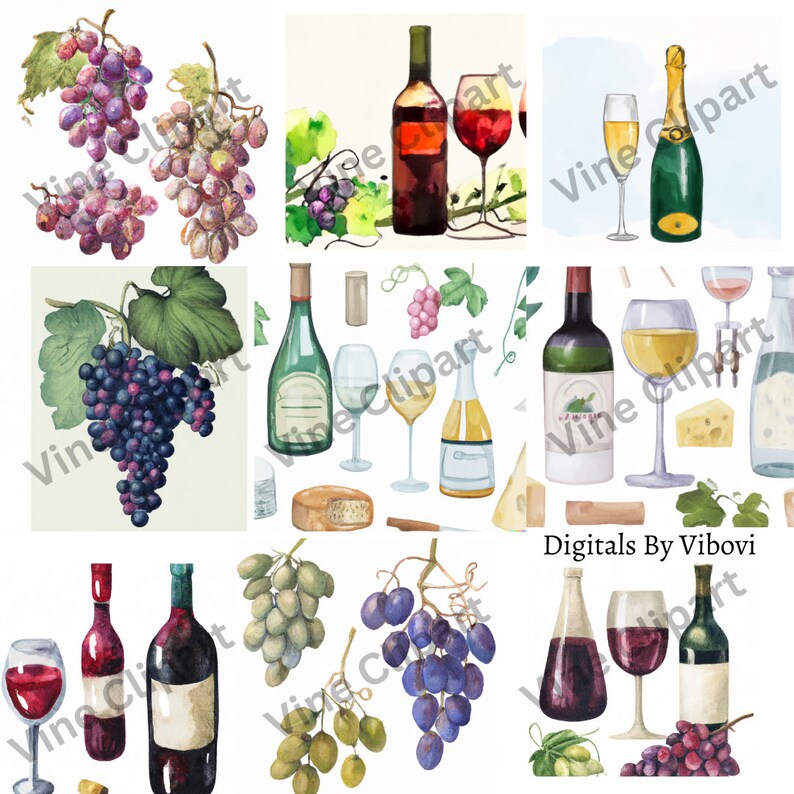 Watercolor Wine and Grapes Clipart, White and Red Wine Glass, Winery ...