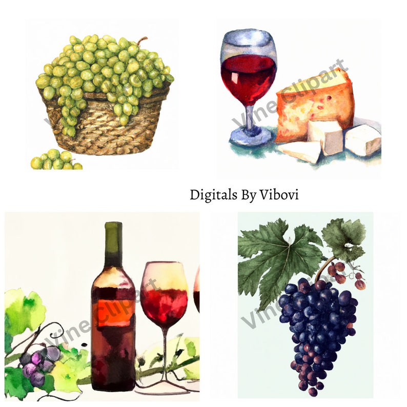 Watercolor Wine and Grapes Clipart, White and Red Wine Glass, Winery ...
