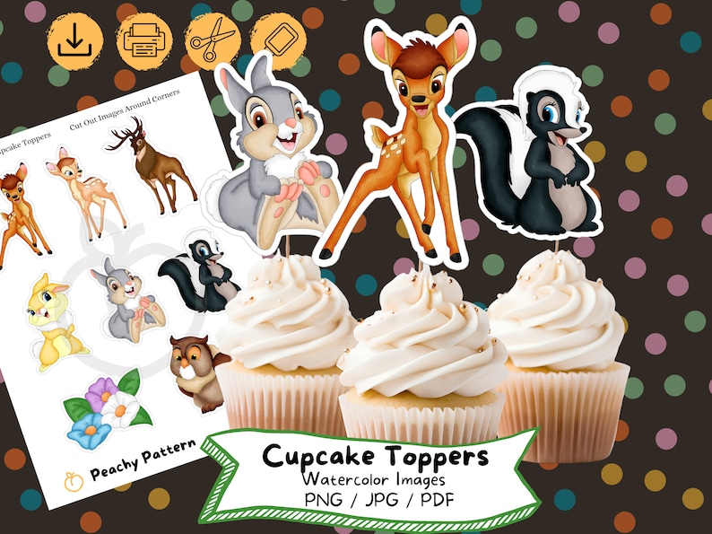 Bambi Watercolor Cupcake Toppers: Birthday Party Decoration (digital ...