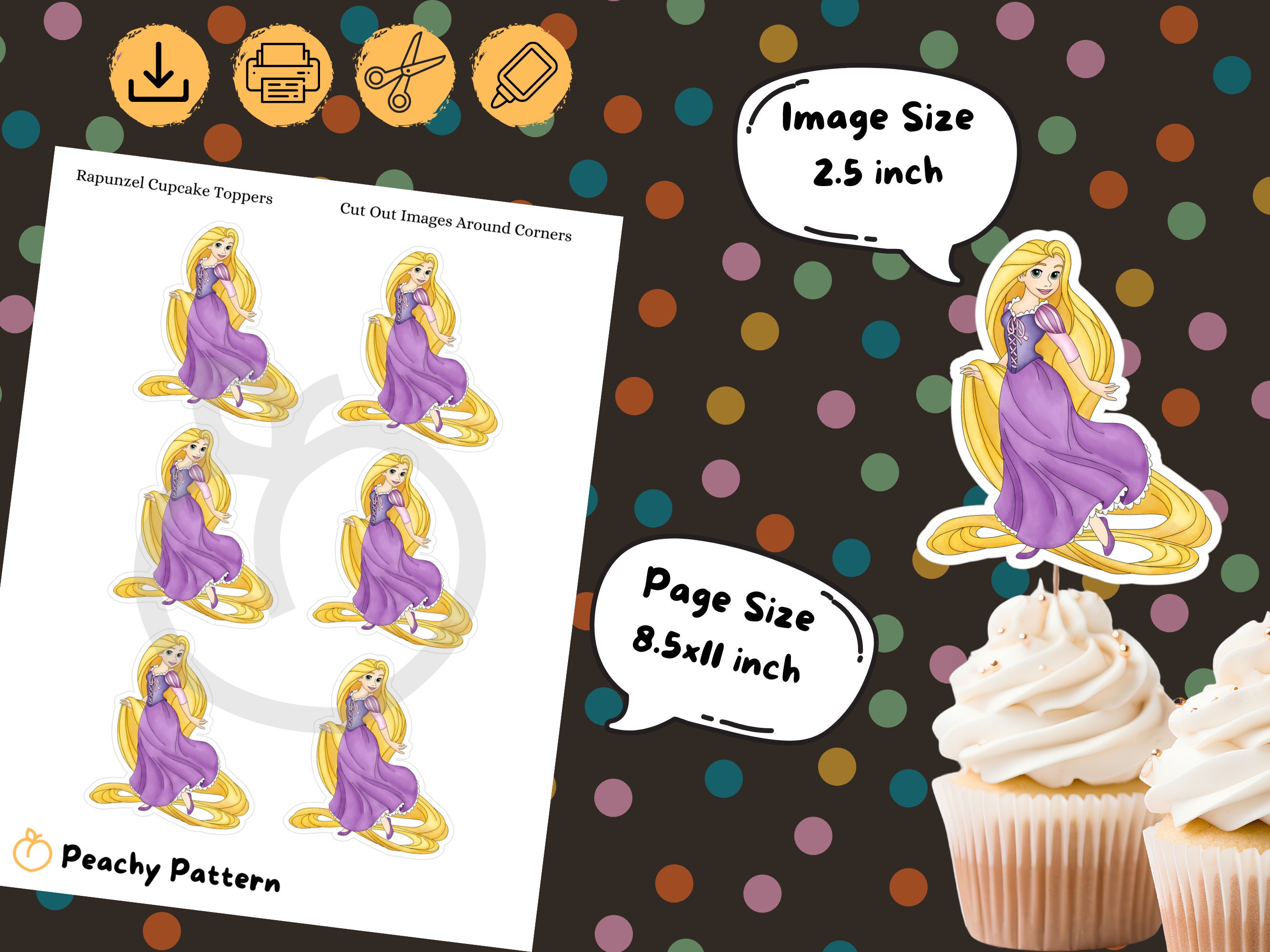 Rapunzel Watercolor Cupcake Topper, Digital, Birthday Party, Cake ...