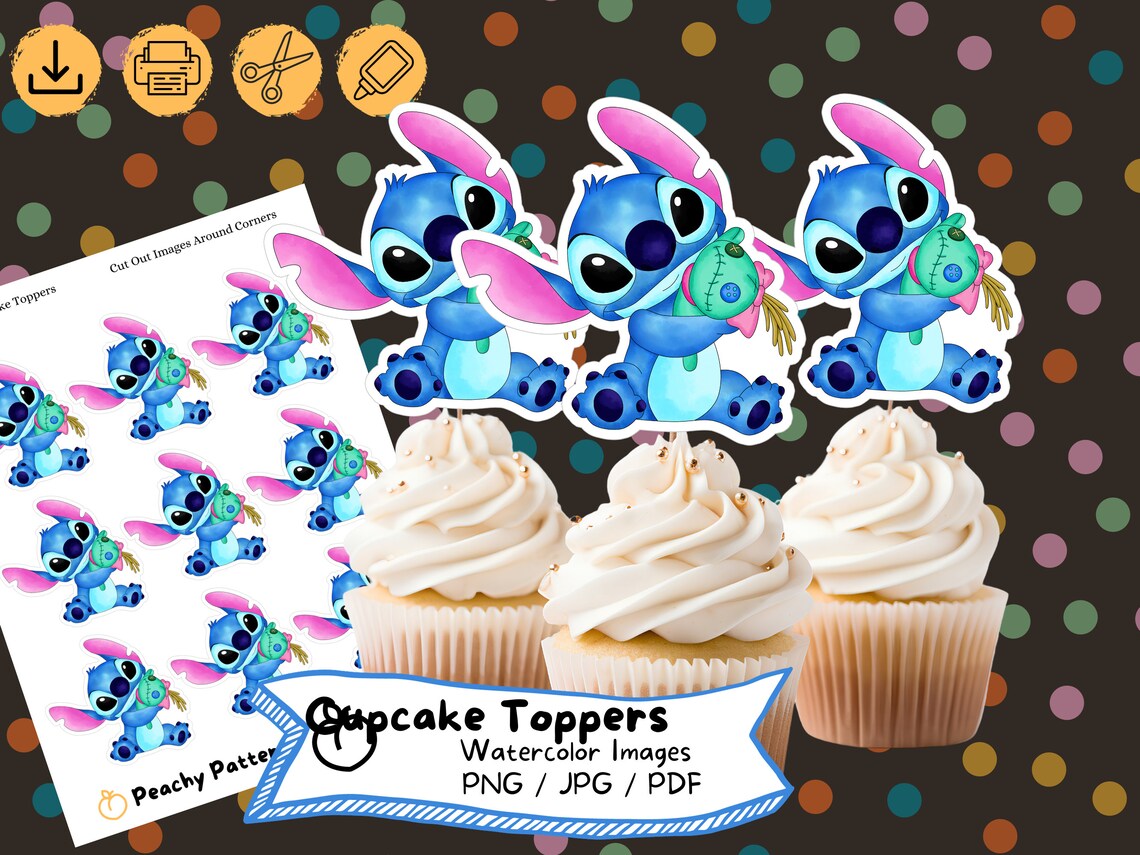 Stitch Watercolor Cupcake Topper, Instant Digital Download, Birthday ...