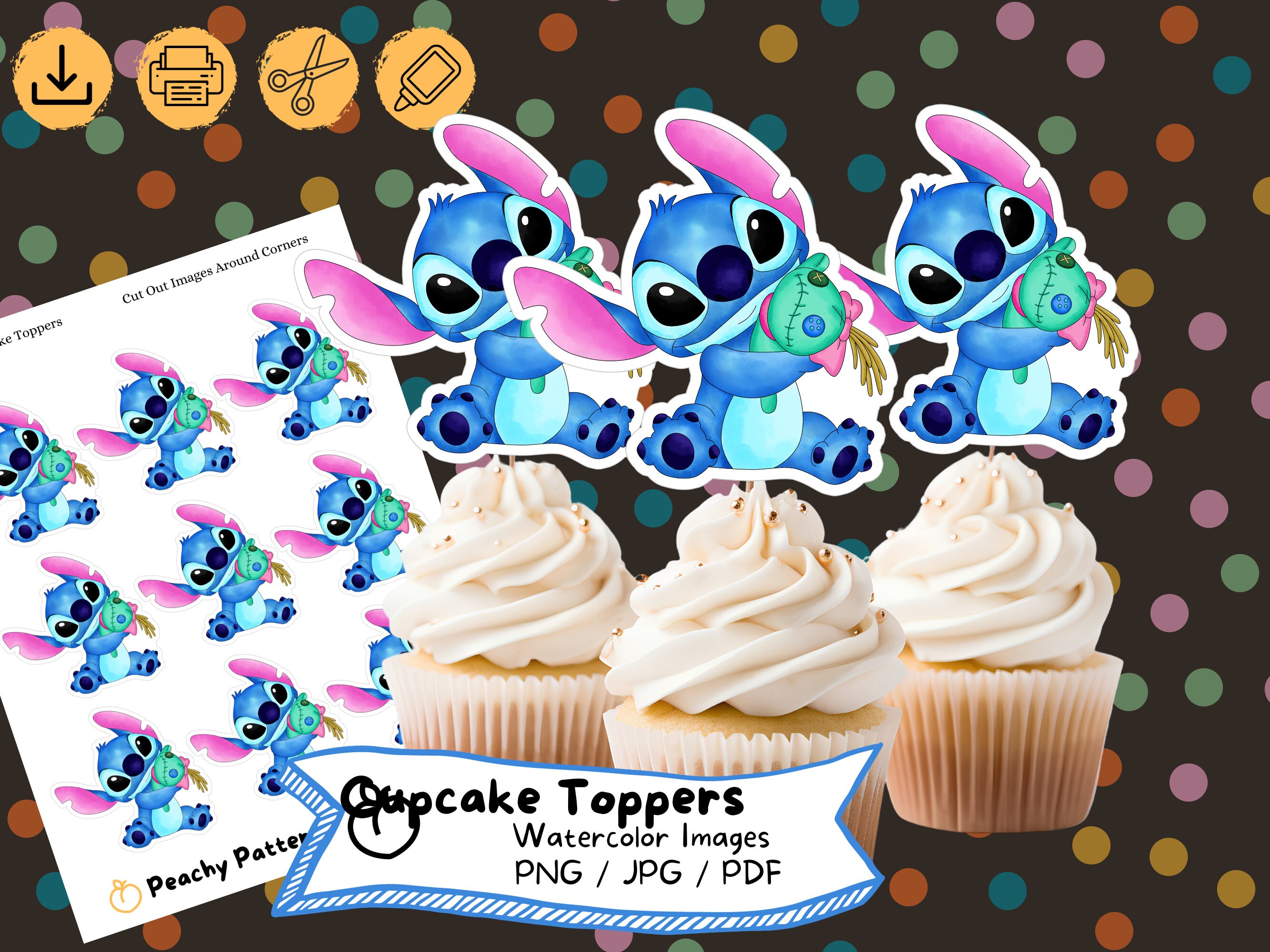 Stitch Watercolor Cupcake Topper, Instant Digital Download, Birthday ...