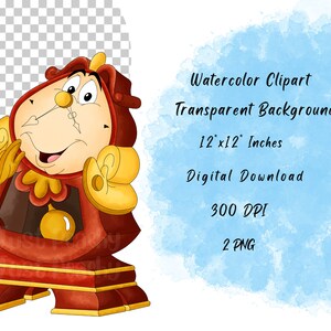Cogsworth Watercolor Clipart: Beauty and the Beast Illustration (PNG ...