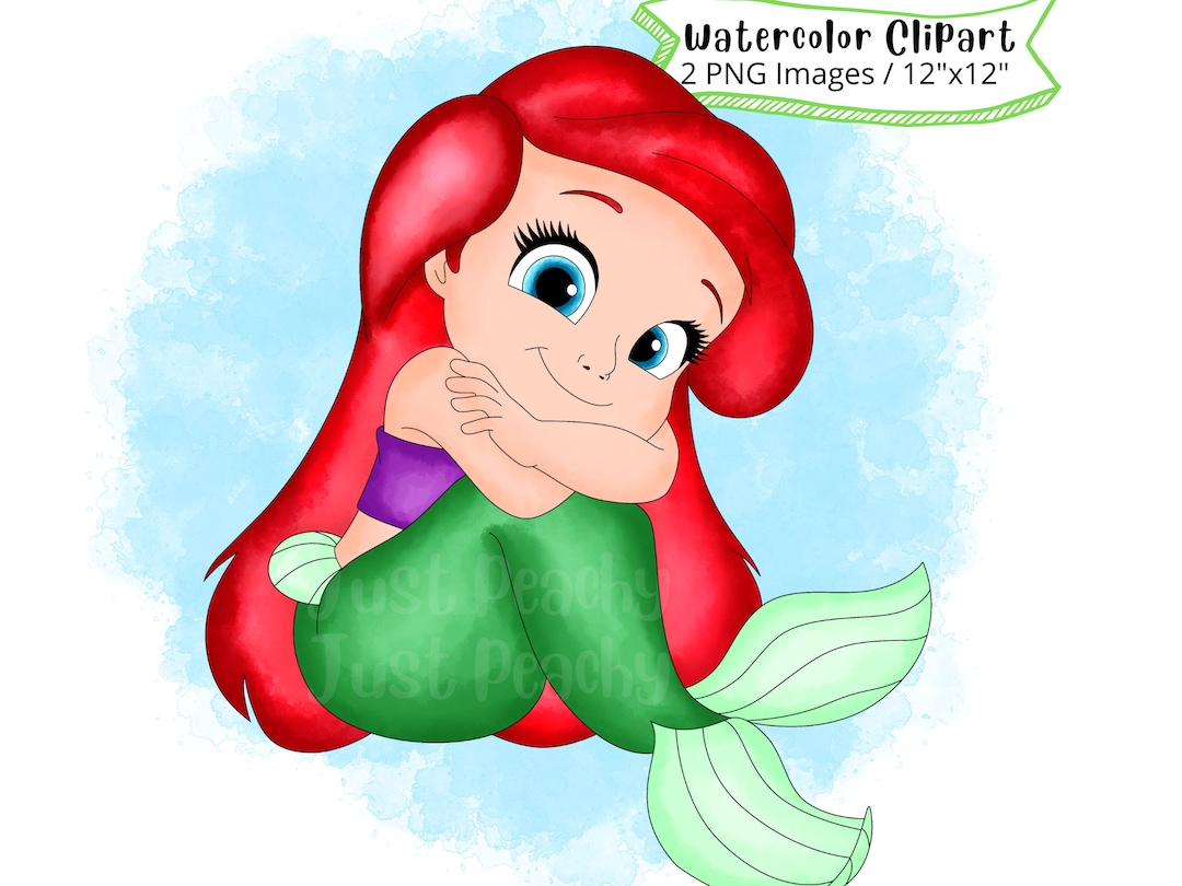 Baby Ariel Watercolor Clipart, Little Mermaid Cartoon (PNG, Digital ...