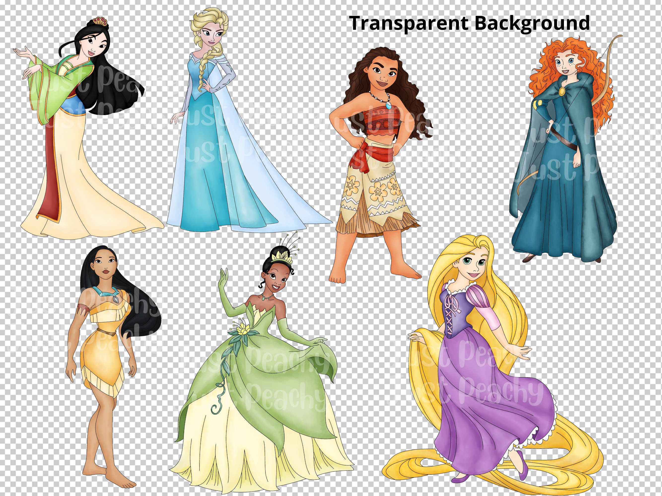 Princess Watercolor Clipart Set: Hand-drawn Cartoon Illustrations (PNG ...