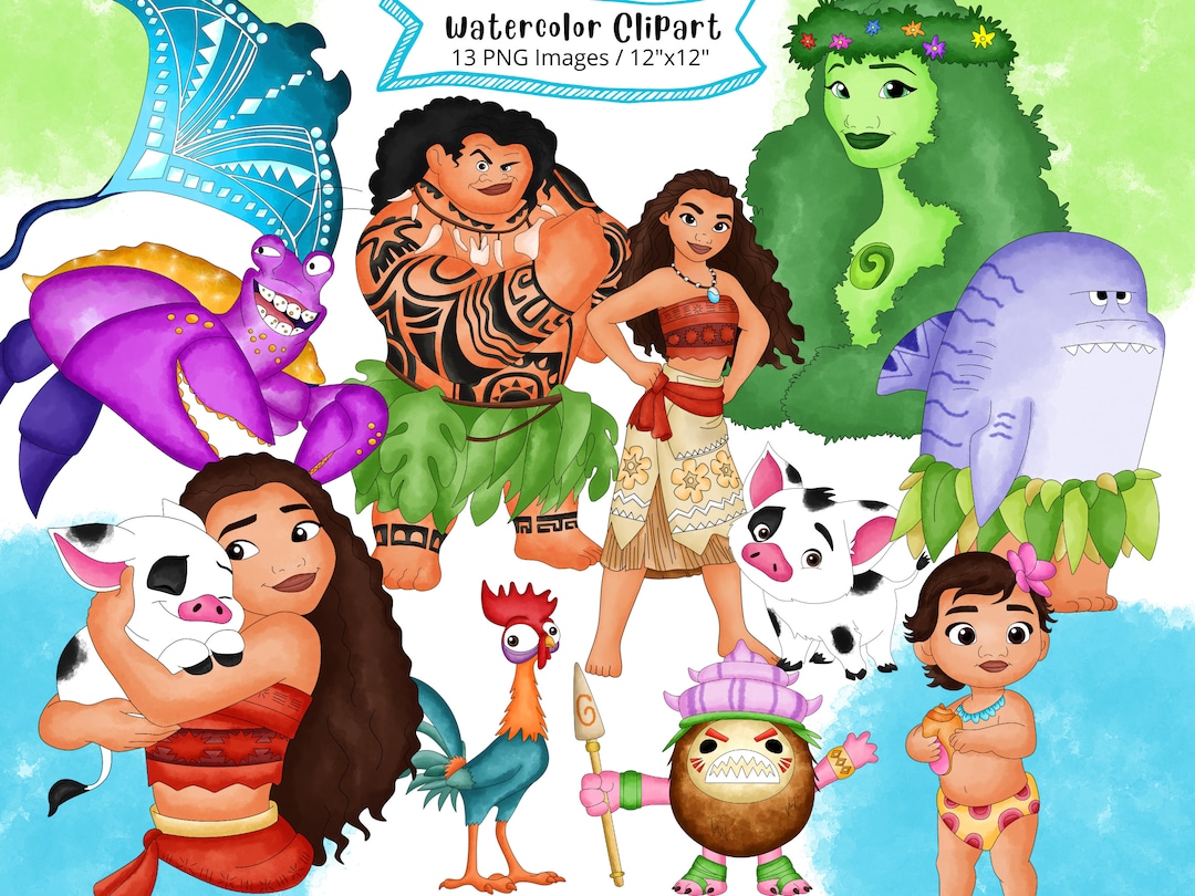 Moana Hand Drawn Watercolor Clipart Set, Cute Cartoon Illustration ...