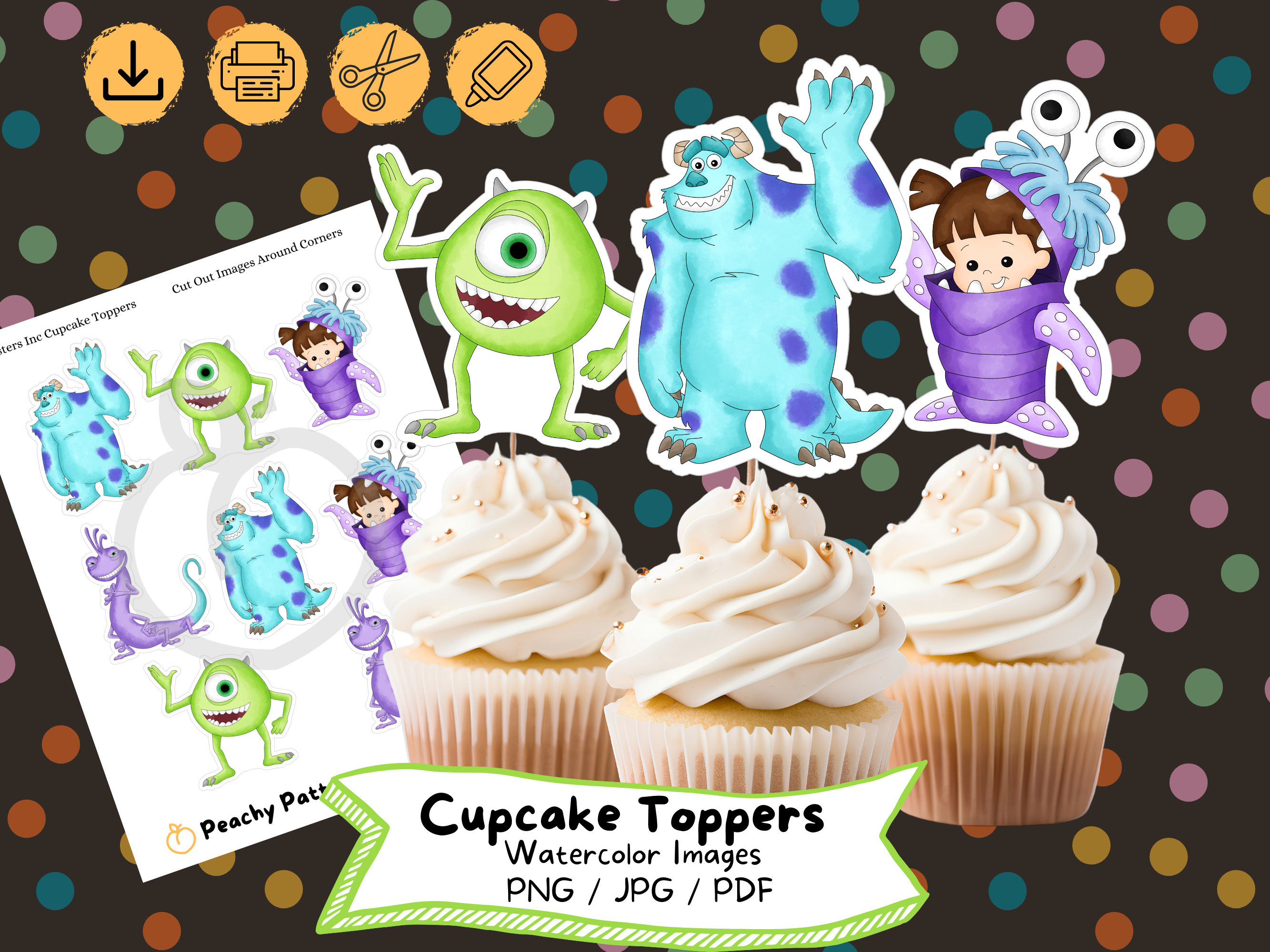 Monsters Inc Watercolor Cupcake Topper, Instant Download, Birthday ...