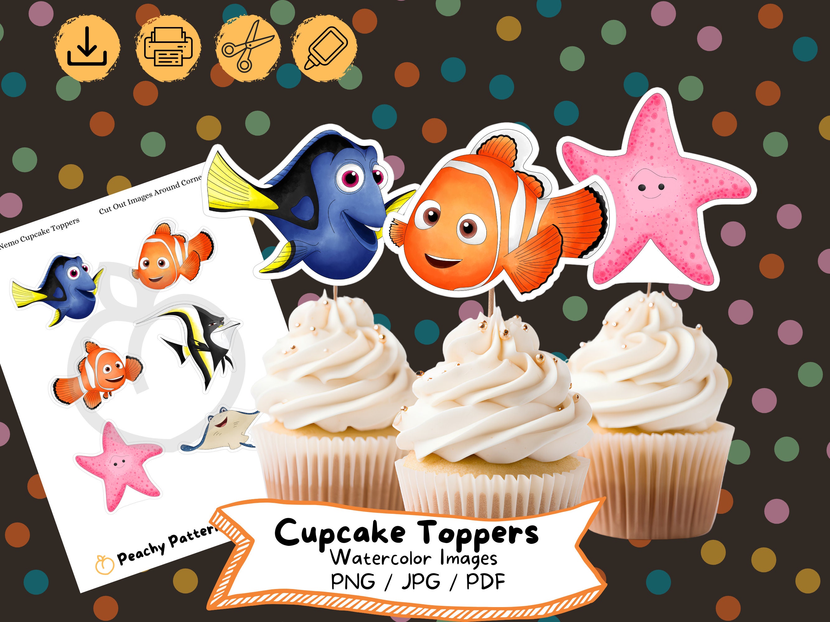Finding Nemo Watercolor Cupcake Topper, Instant Download, Birthday ...