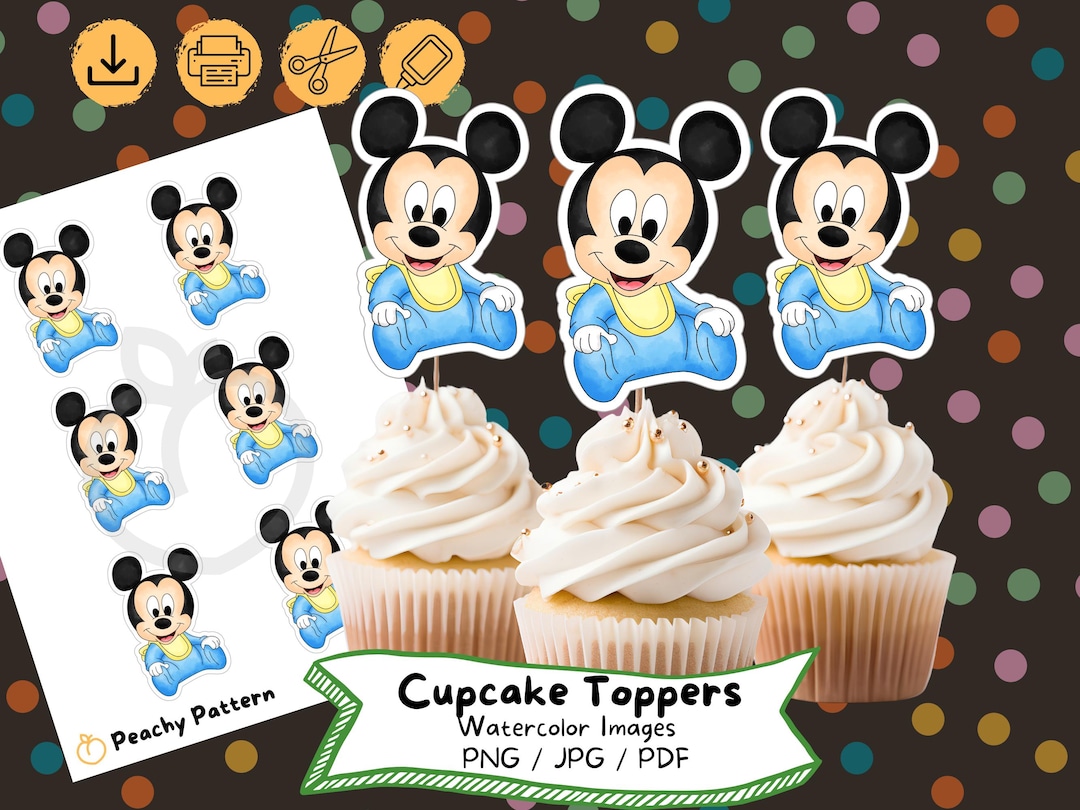 Baby Mickey Mouse Cupcake Topper: Watercolor Birthday Party Decoration ...
