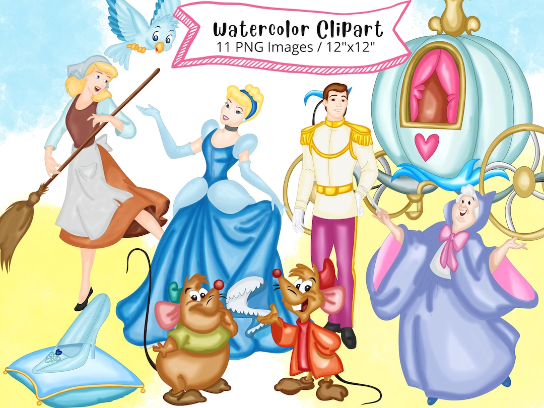 Cinderella Hand Drawn Watercolor Clipart Set, Cute Cartoon Illustration, PNG, Printable ...