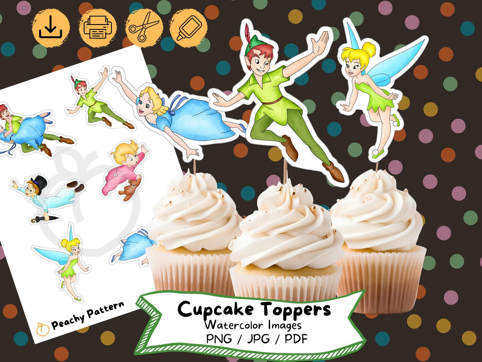 Peter-pan Watercolor Cupcake Topper, Digital Download, Birthday Party ...