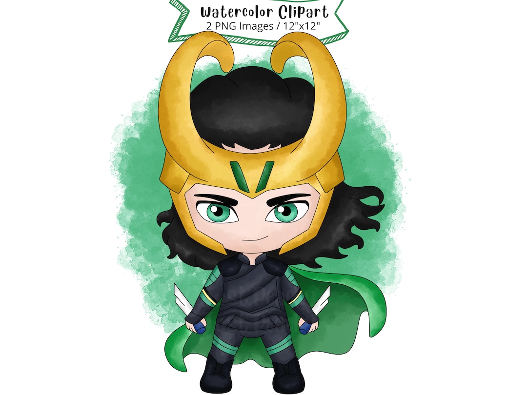 Kawaii Loki Watercolor Clipart, PNG, Superhero, Transparent Background, High Resolution, Chibi ...